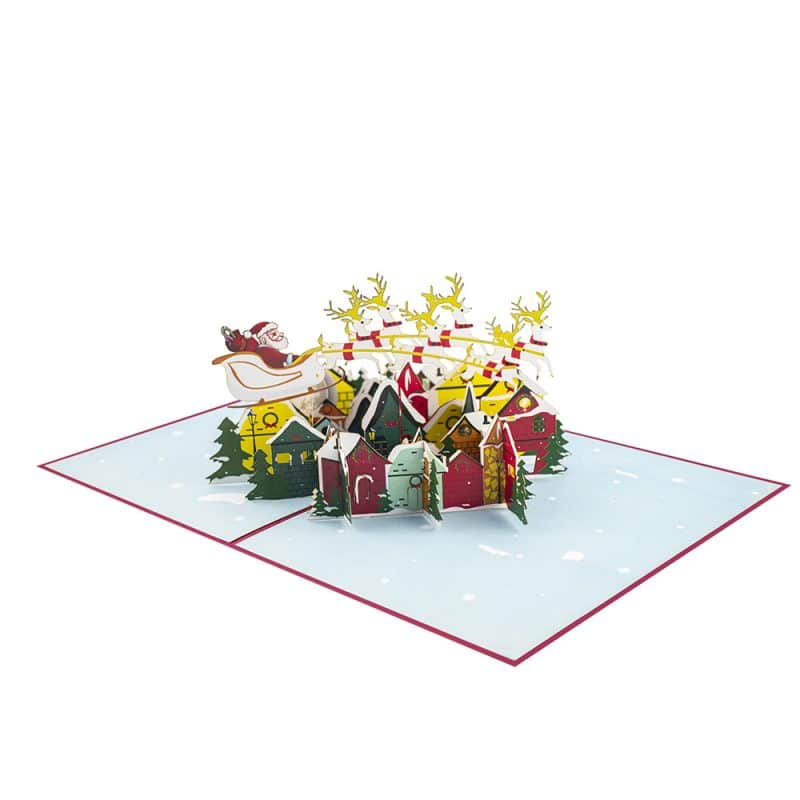 Christmas night city Santa Claus Sleigh Reindeer pop up card